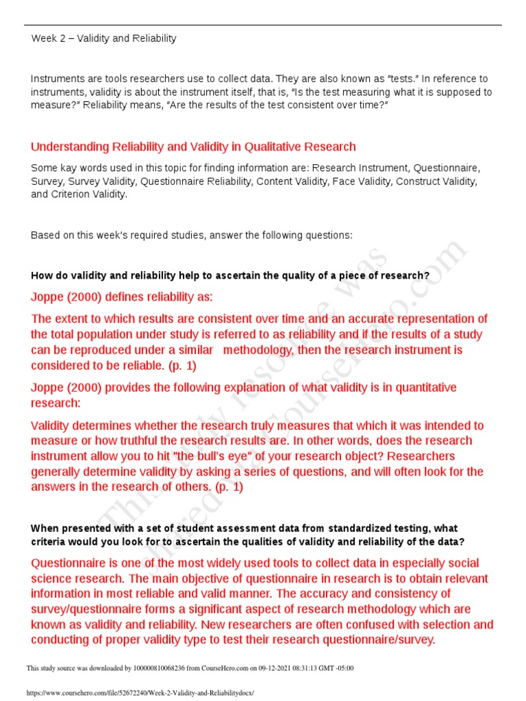 Week 2 Validity and Reliability | PDF | Validity (Statistics) | Survey Methodology