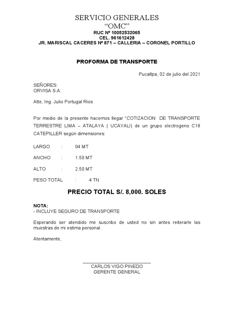 Proforma de Transporte | PDF