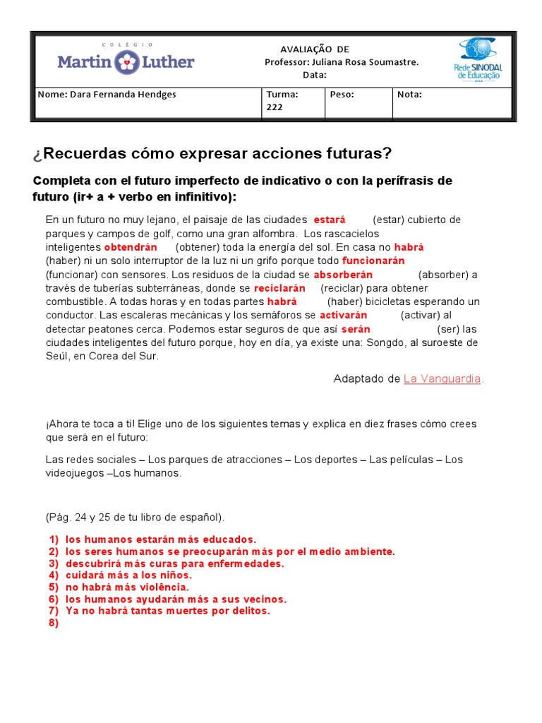 Futuro Imperfecto y Perífrasis. (1) Minhas Respostas | PDF