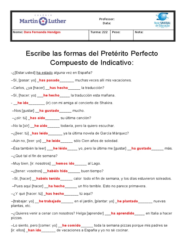 Pretérito Perfecto Compuesto de Indicativo. Minhas Respostas | PDF