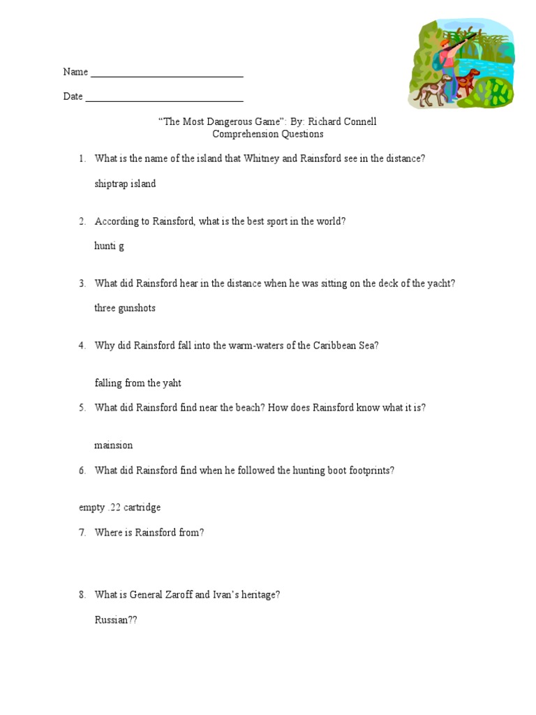 "The Most Dangerous Game": By: Richard Connell Comprehension Questions ...