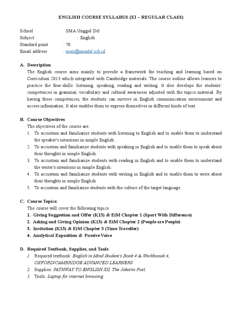 English Course Syllabus for XI Class | PDF | English Language | Curriculum