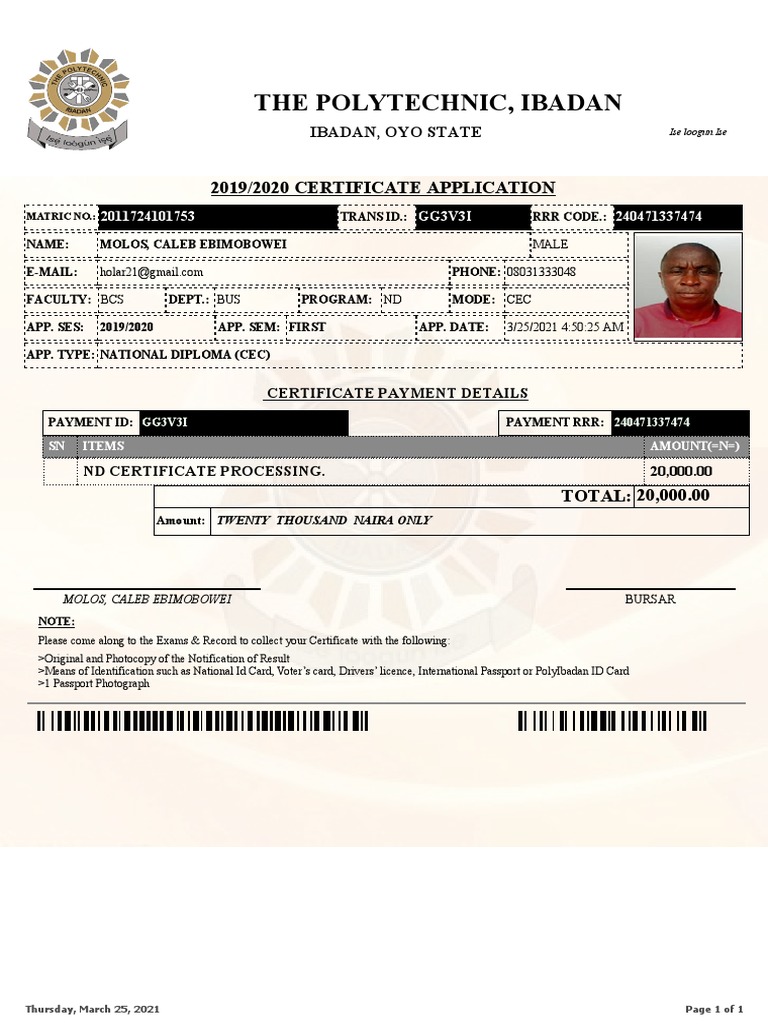 The Polytechnic, Ibadan: 2019/2020 Certificate Application | PDF