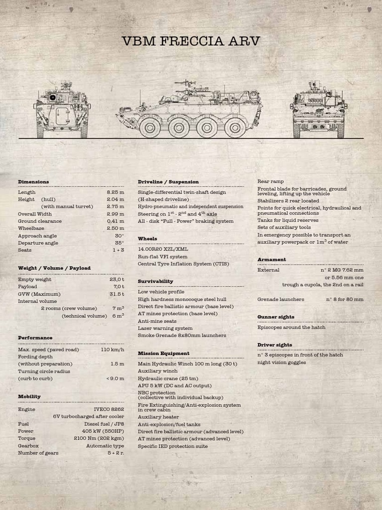 VBM FRECCIA ARV Technical Specifications | PDF | Tanks | Gun Turret