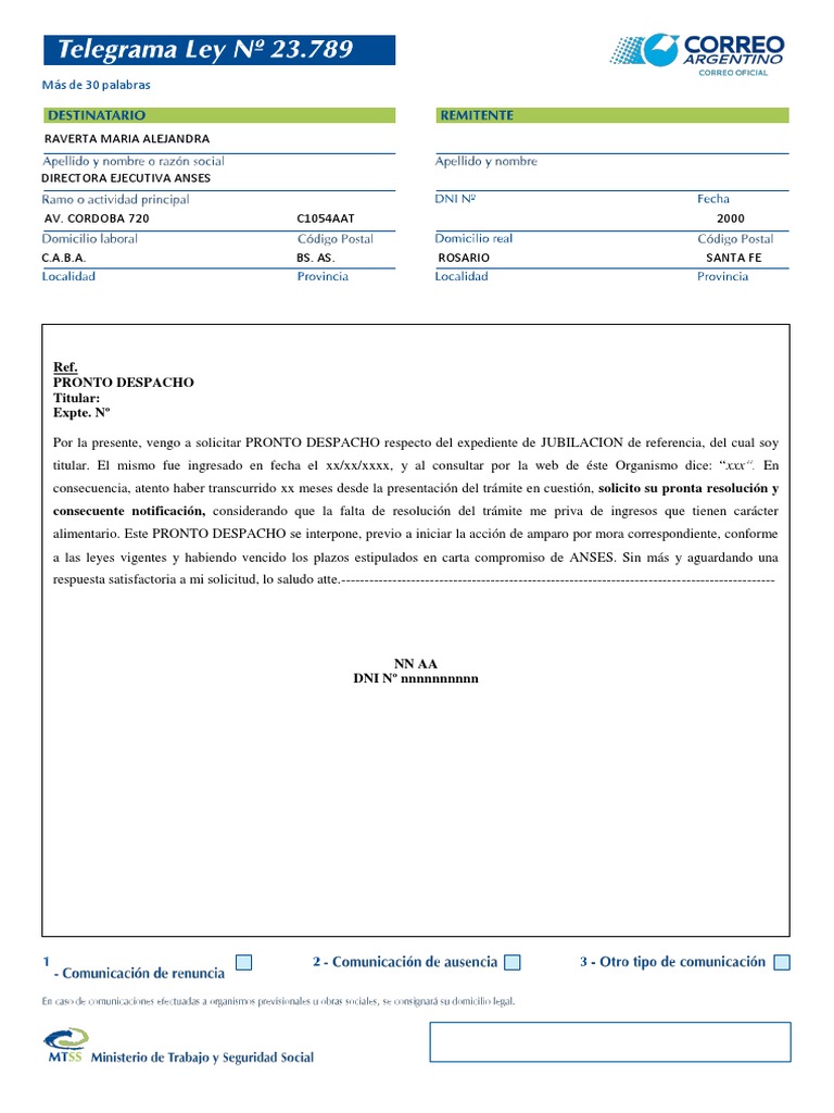 Modelo Pronto Despacho Anses | PDF