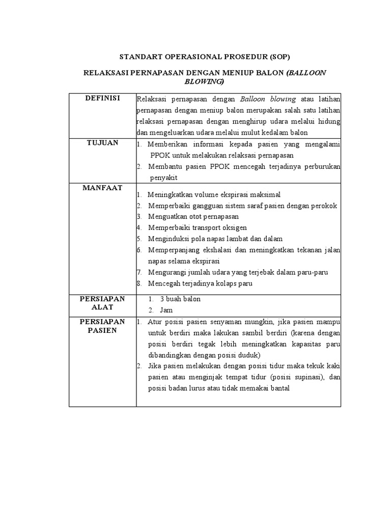 Standart Operasional Prosedur (Sop) Relaksasi Pernapasan Dengan Meniup ...
