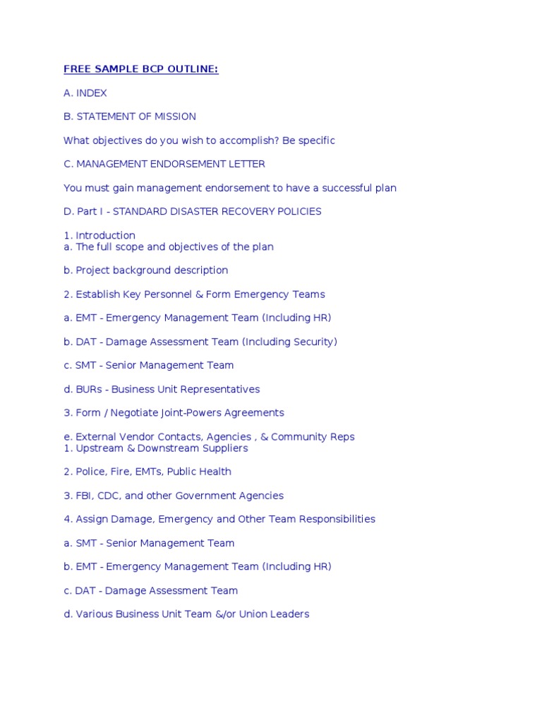 Free Sample BCP Outline | PDF | Emergency Management | Emergency