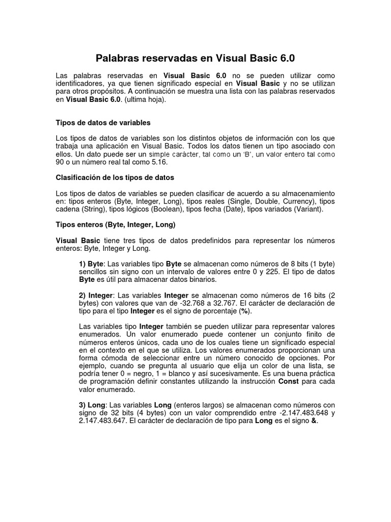 Palabras Reservadas | PDF | Tipo de datos | Poco