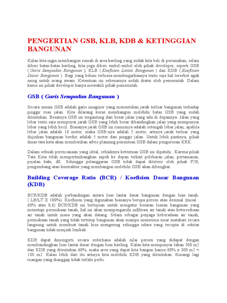 Pengertian GSB, KDB, KLB, & Ketinggian Bangunan | PDF