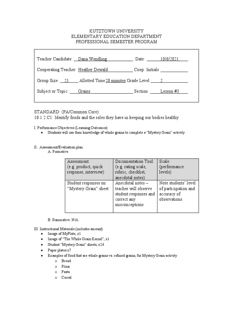 Nutrition Lesson 3 Grains | PDF | Educational Assessment | Foods