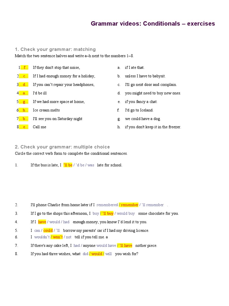 Grammar Videos: Conditionals - Exercises: 1. Check Your Grammar ...