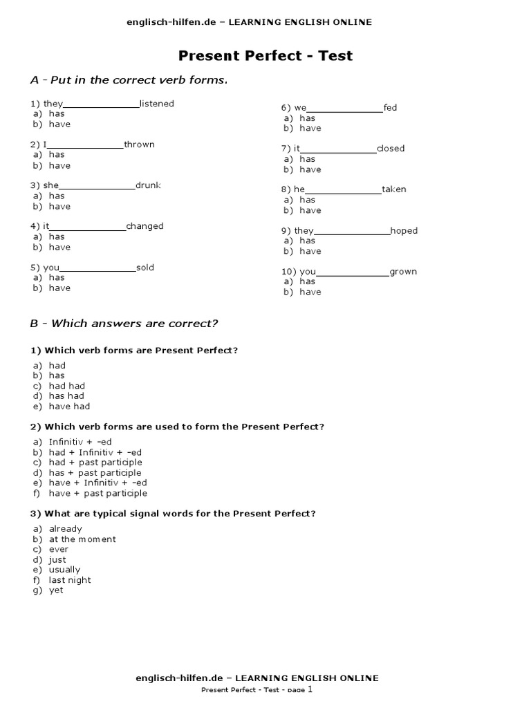 Test Present Perfect en | PDF | Verb | Language Mechanics