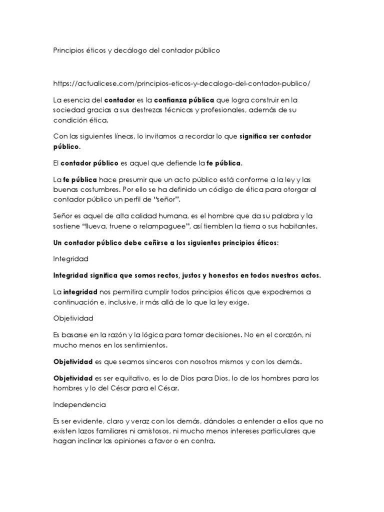 Principios éticos Y Decálogo Del Contador Público Pdf Contador