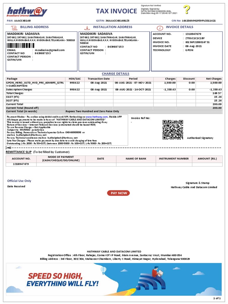 An invoice from Hathway Cable and Datacom Limited detailing internet subscription and package ...