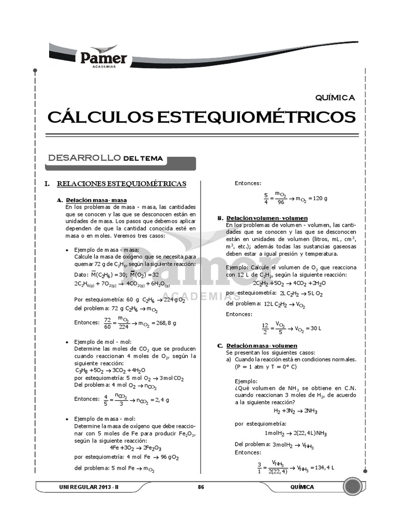 Cálculos estequiométricos: relaciones cuantitativas en reacciones químicas | PDF ...
