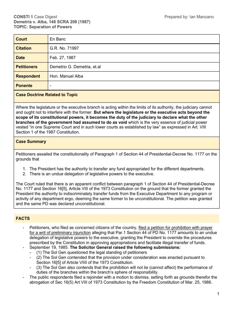 CONSTI 1 Case Digest Demetria v. Alba, 148 SCRA 208 (1987) TOPIC: Separation of Powers | PDF ...