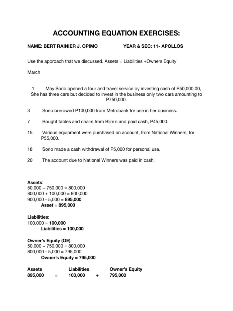 Accounting Equation Exercises and Solutions | PDF | Equity (Finance ...