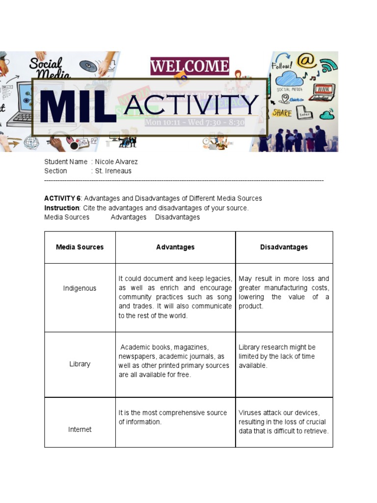 ACTIVITY 6: Advantages and Disadvantages of Different Media Sources ...