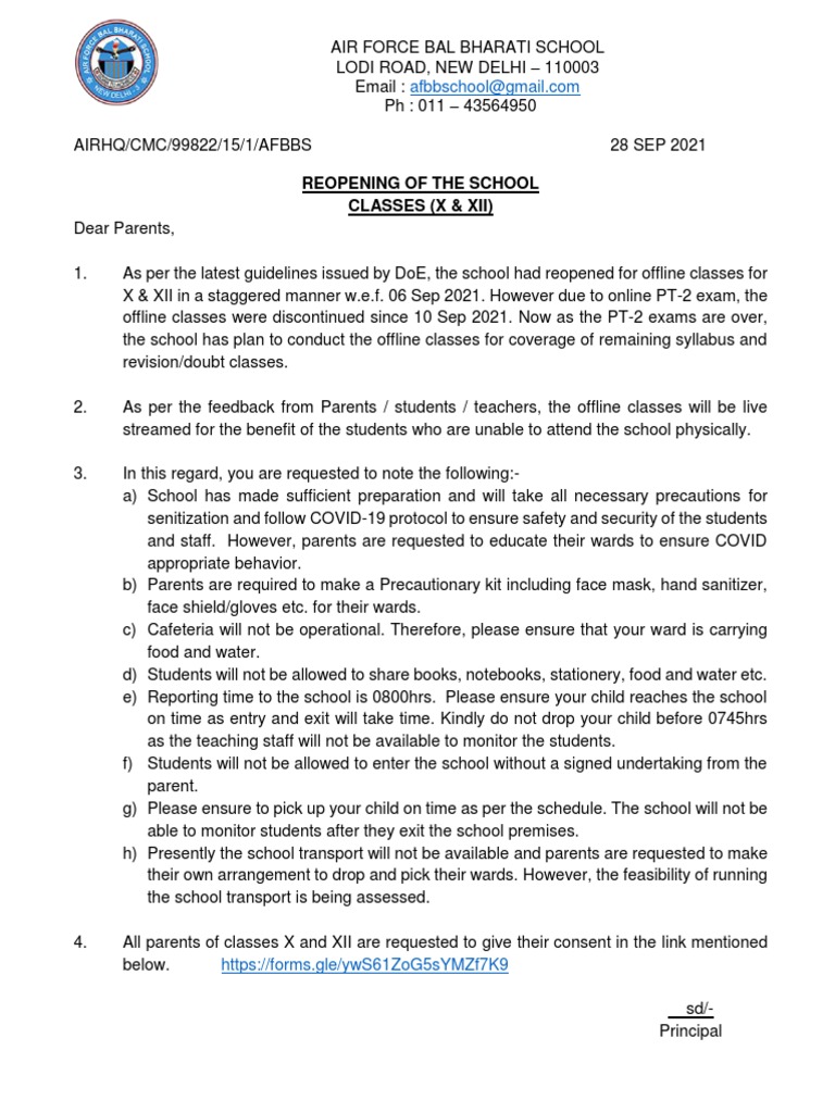 School Reopening Notice for Classes X & XII | PDF