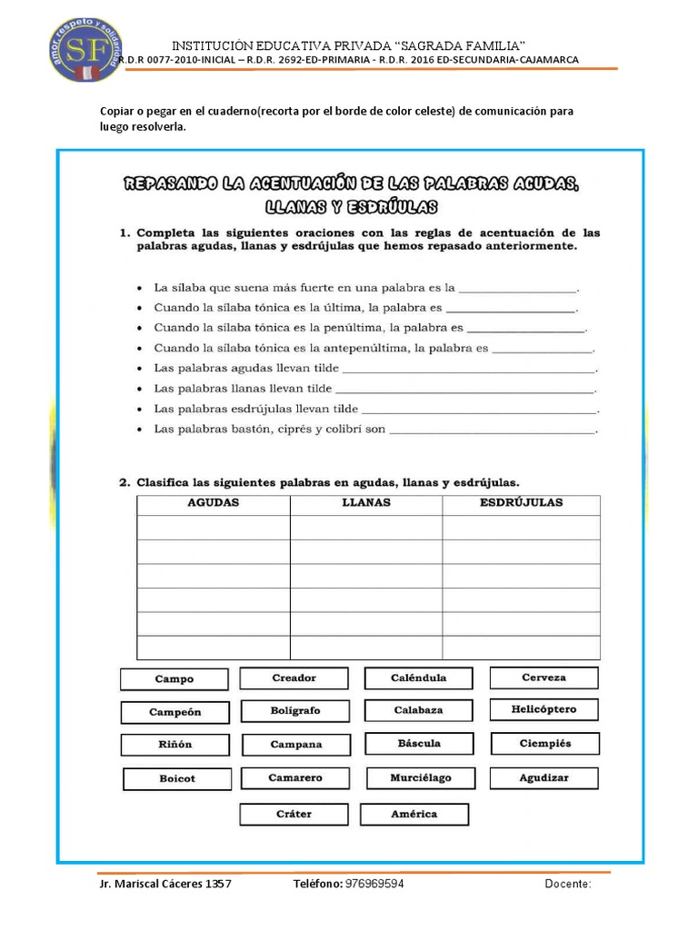 Práctica Sobre La Acentuación de Palabras Agudas, Graves y Esdrújulas | PDF