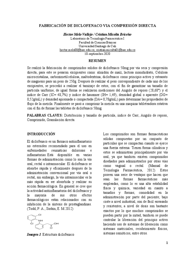 Informe 5 FABRICACIÃ - N DE DICLOFENACO VIA COMPRESIÃ - N DIRECTA 1 | PDF | Medicamentos con ...