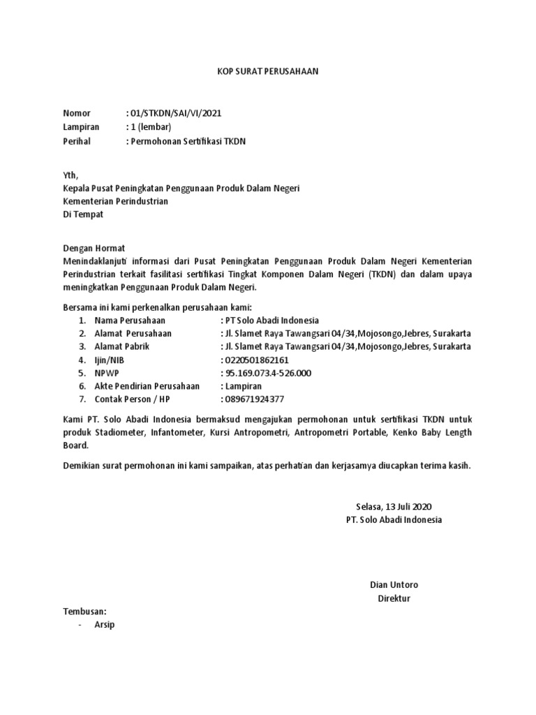 Draft Surat Permohonan Sertifikasi TKDN (Kemenperind) | PDF