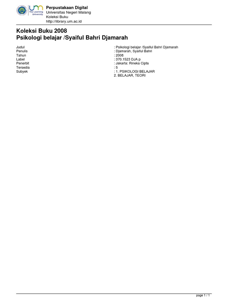 Koleksi Buku 2008 Psikologi Belajar /syaiful Bahri Djamarah: Perpustakaan Digital | PDF