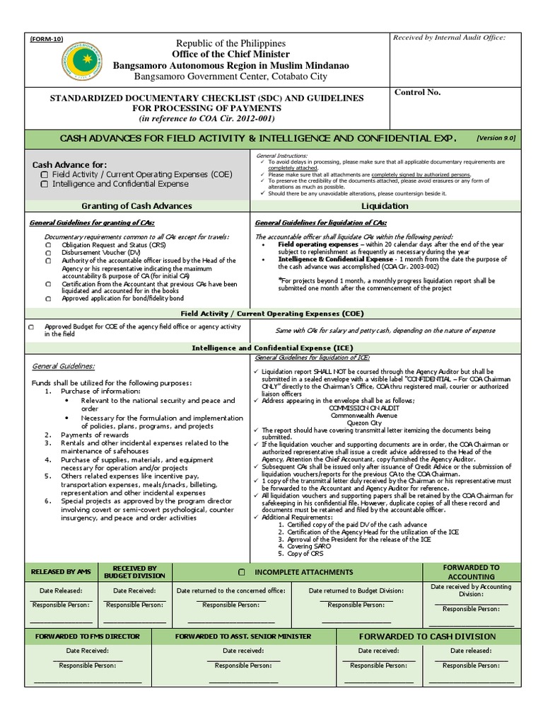 Form 10 Cash Advances For Field Activity and Intelligence ...
