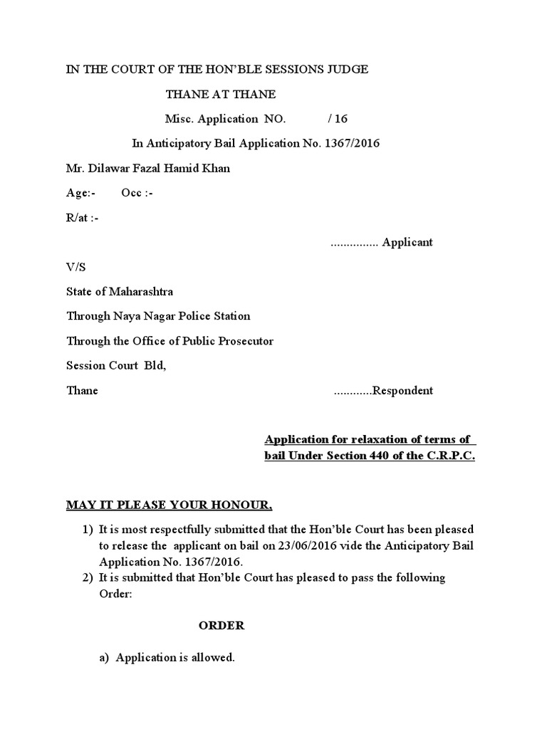 Application For Relaxation of Terms of Bail | PDF | Bail | The Honourable
