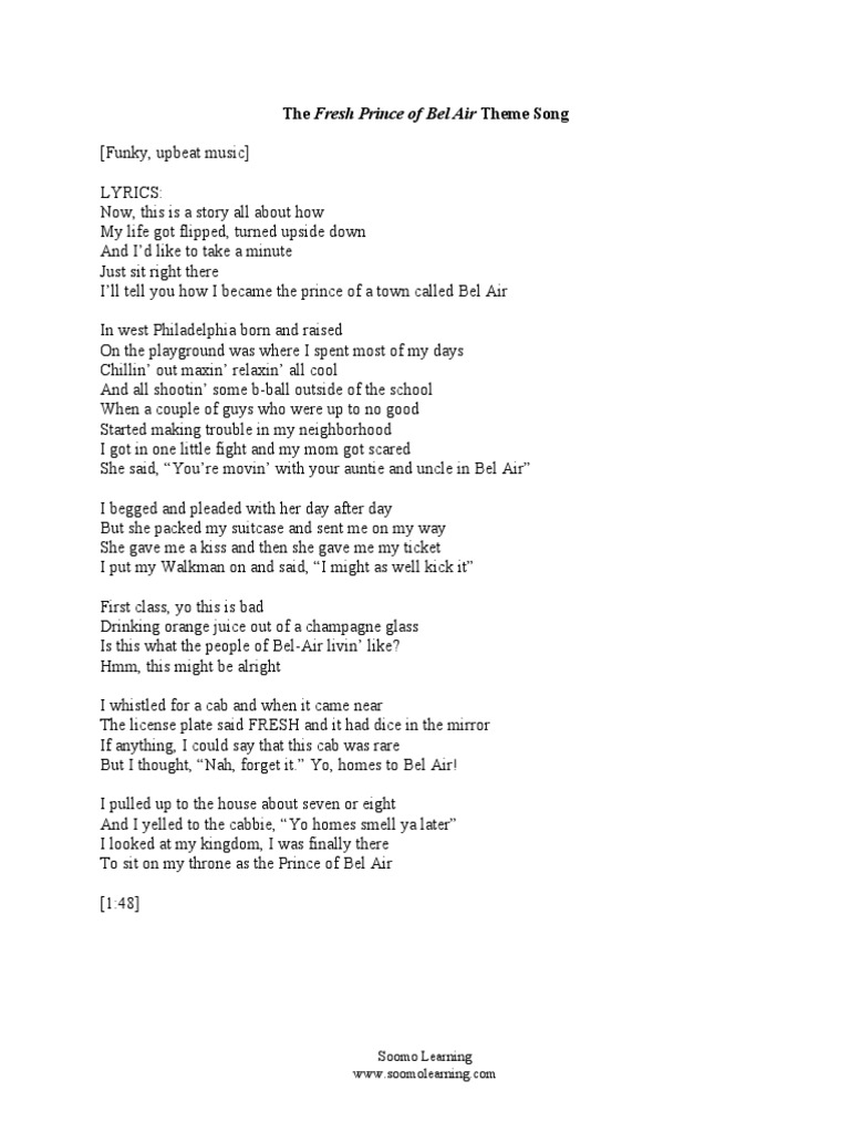 The Fresh Prince of Bel Air Theme Song: Soomo Learning | PDF