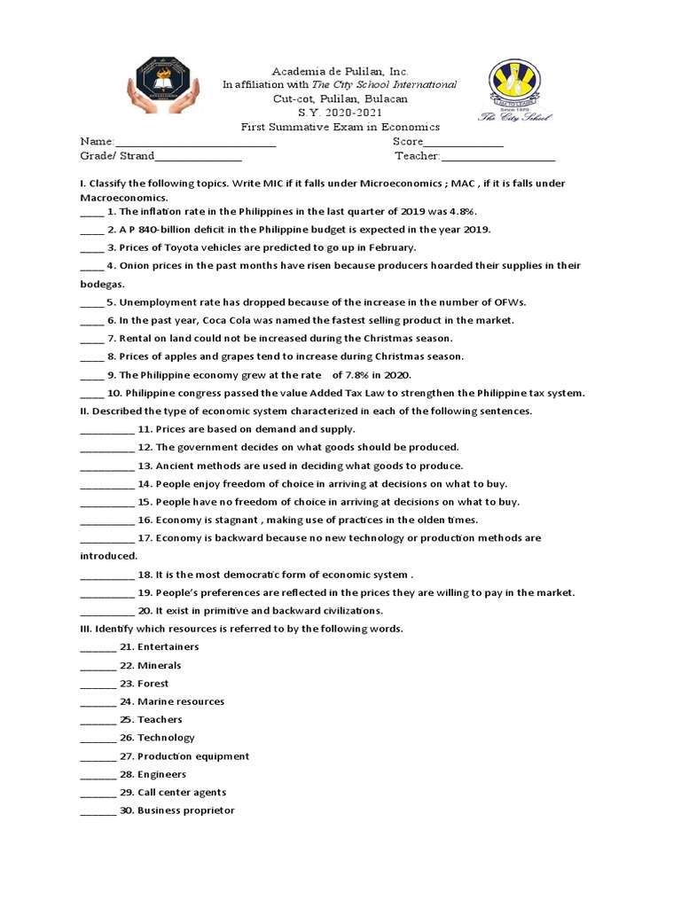 APPLIED ECONOMICS Third Summative Exam 2020-2021 | PDF | Economics | Prices