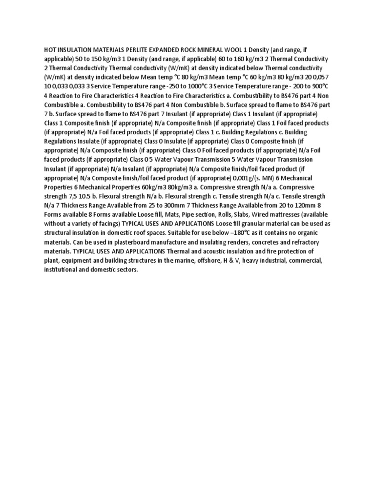 HOT INSULATION MATERIALS PERLITE EXPANDED ROCK MINERAL WOOL 1 Density | PDF