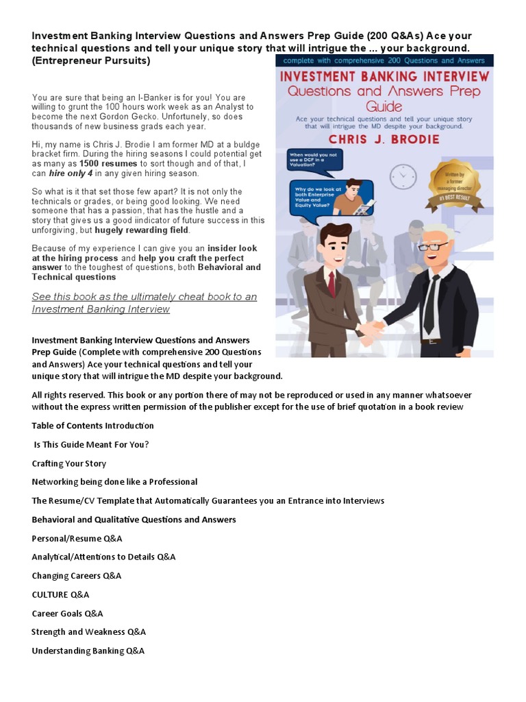 Investment Banking Interview Questions and Answers Prep Guide (200 Q&As ... Investment Banking Interview Questions and Answers Prep Guide (200 Q&As ...