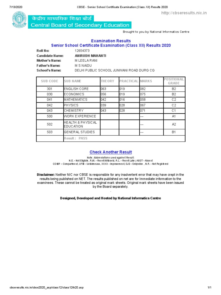 CBSE - Senior School Certificate Examination (Class XII) Results 2020 ...