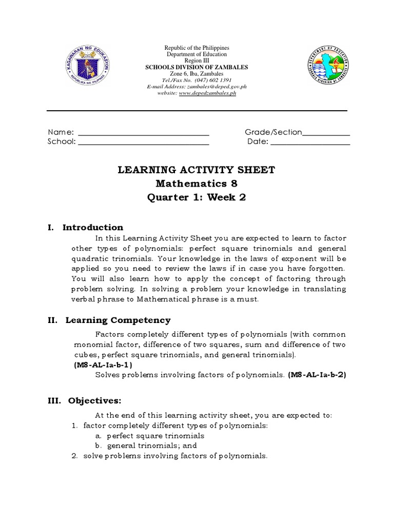 Grade 8 Math W2 LAS | PDF | Factorization | Mathematics