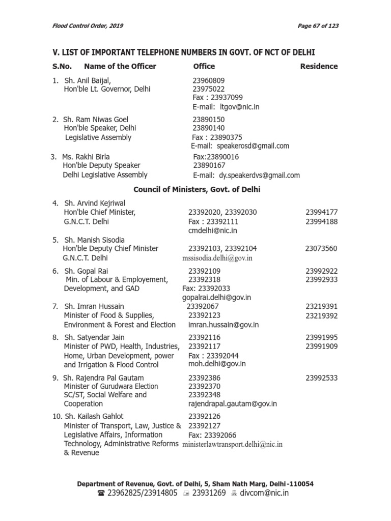 V. List of Important Telephone Numbers in Govt. of NCT of Delhi | PDF