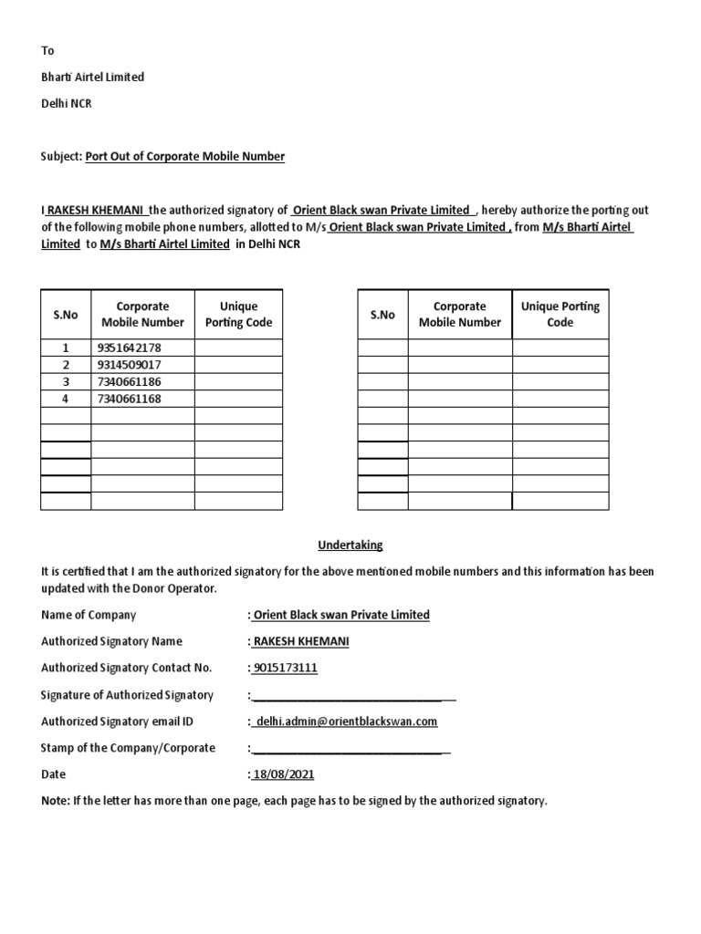 Corporate MNP Authorization Letter Format | PDF