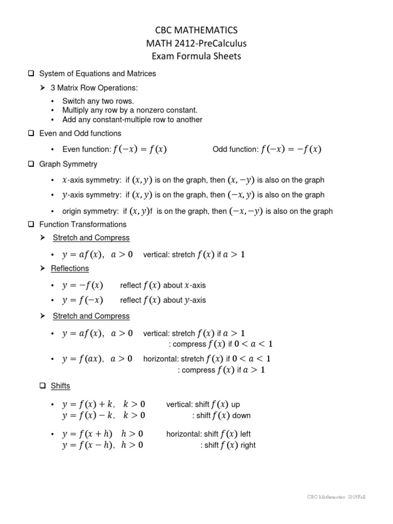 CBC Math PreCalculus Formula Sheet | PDF | Factorization | Trigonometric Functions