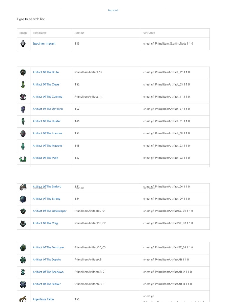 Ark Artifact Item ID List - Ark IDs | PDF