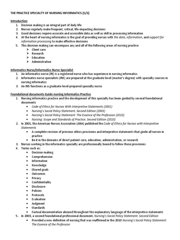 The Practice Specialty of Nursing Informatics (1/2) | PDF | Health ...