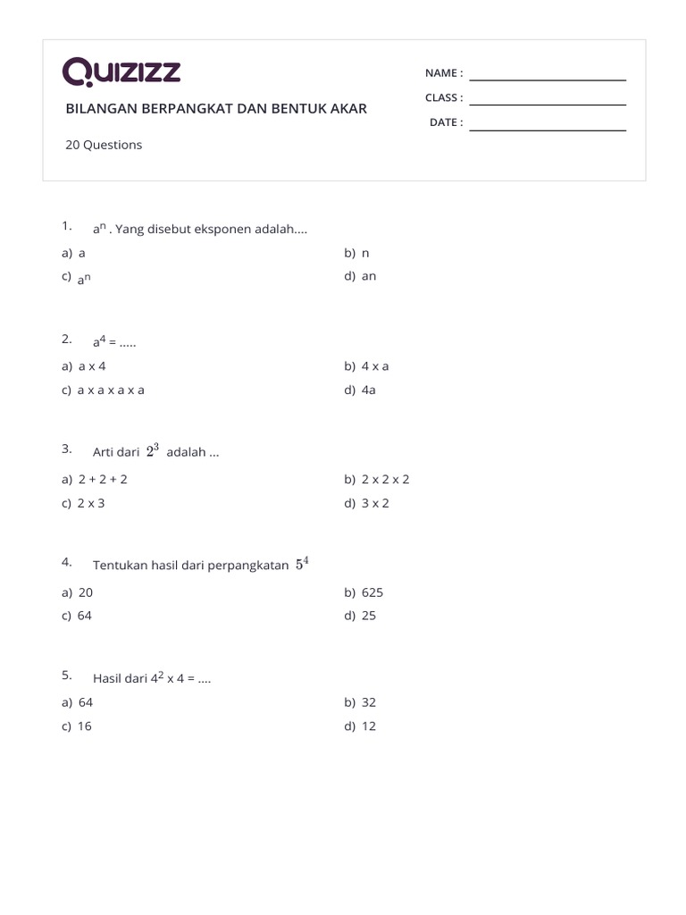 BILANGAN BERPANGKAT DAN BENTUK AKAR - Print - Quizizz | PDF