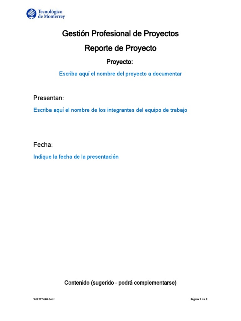 Plantilla Reporte Del Proyecto (PMBOK) | PDF | Planificación ...