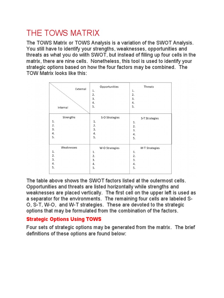 The Tows Matrix: Strategic Options Using TOWS | Download Free PDF ...
