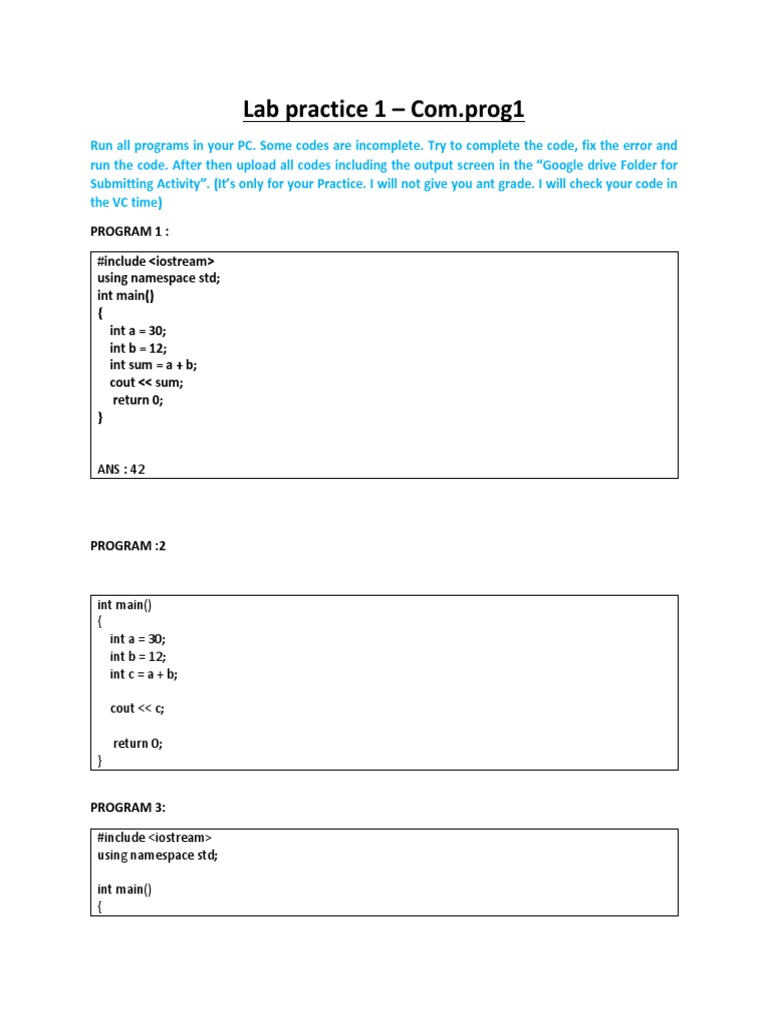 Lab practice 1 programs | PDF | Namespace | Computer Programming