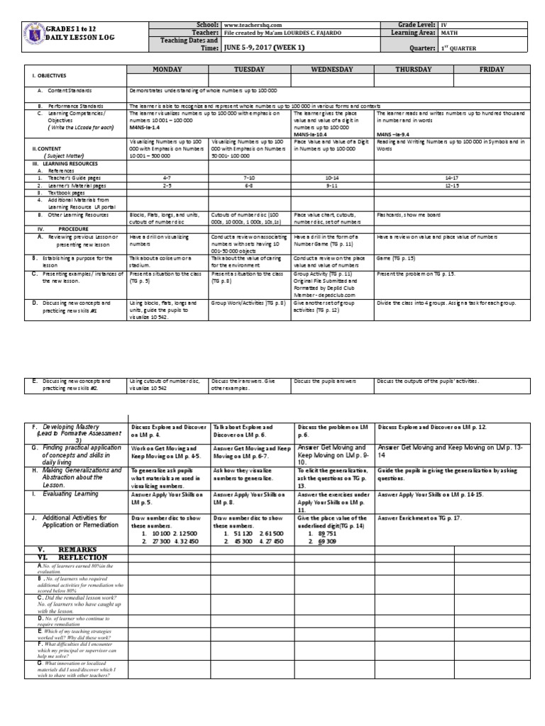 Grade 4 DLL MATH 4 Q1 Week 1 | PDF | Learning | Pedagogy