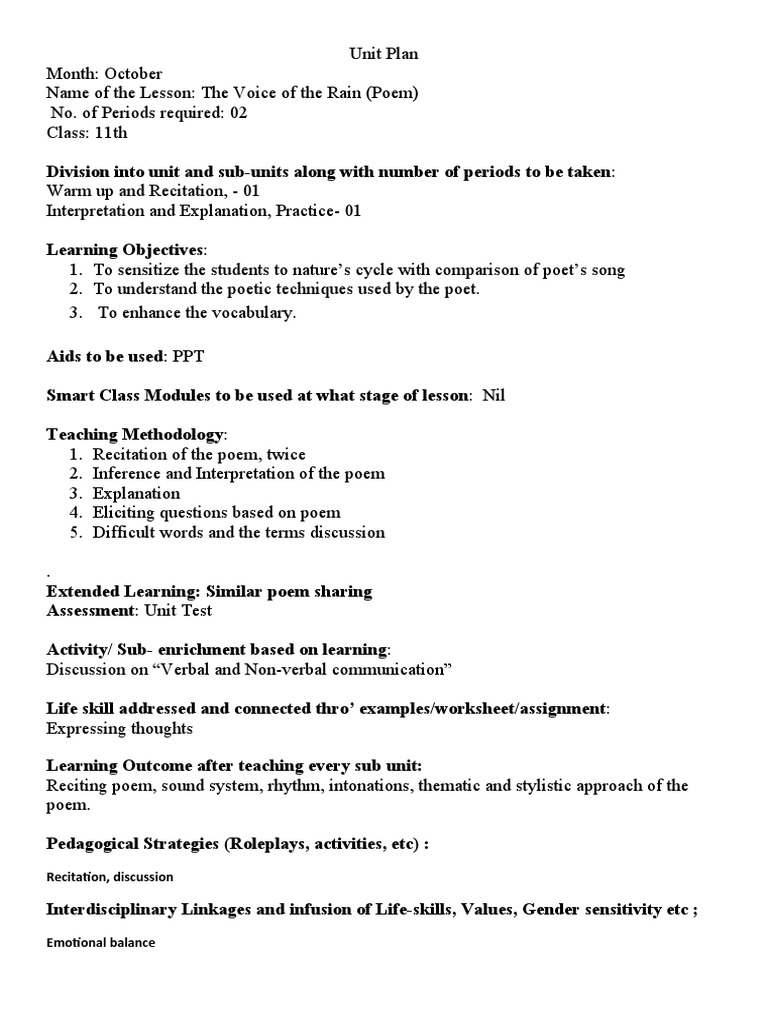 Class 11 Unit Plan: The Voice of the Rain | PDF | Language Arts ...