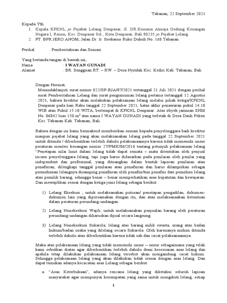 Pemberitahuan Dan Somasi I Wayan Gunadi | PDF
