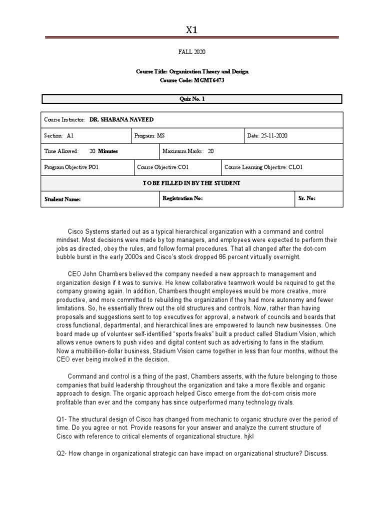 Quiz 1 Organization Structure and Strategy | PDF | Organizational ...