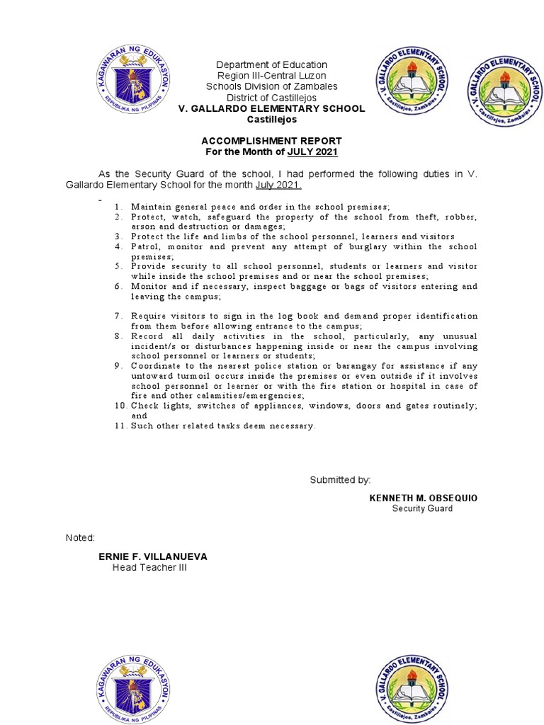 V. Gallardo Elementary School Castillejos Accomplishment Report For The ...