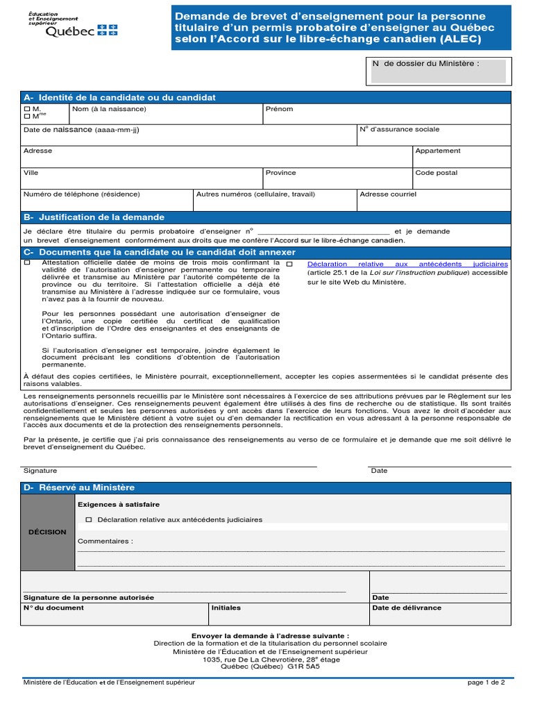 Formulaire Demande Brevet Permis QC ACI FR | PDF | Brevet | Québec